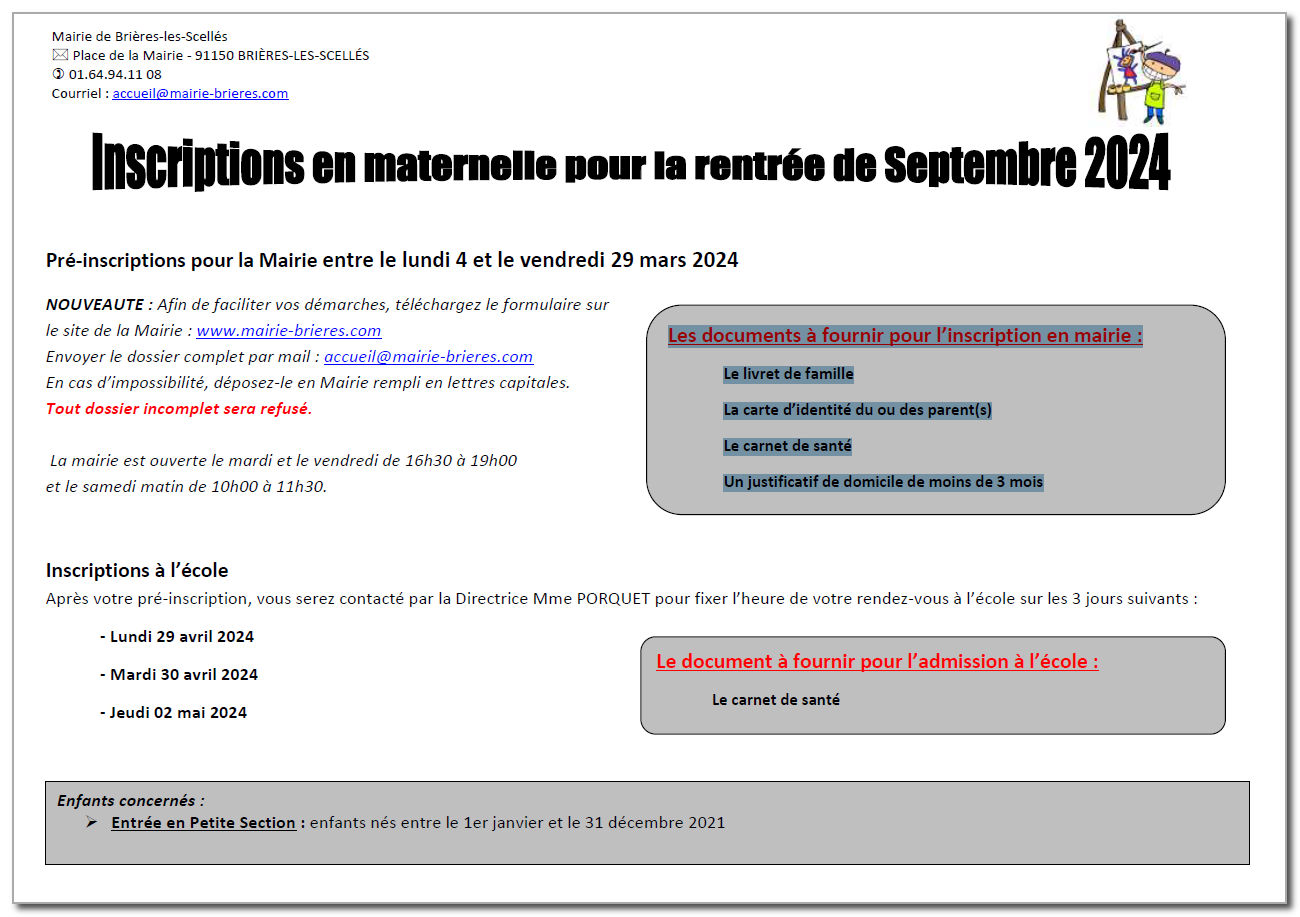 Inscriptions en maternelle à l'école de Brières pour la rentrée de septembre 2024